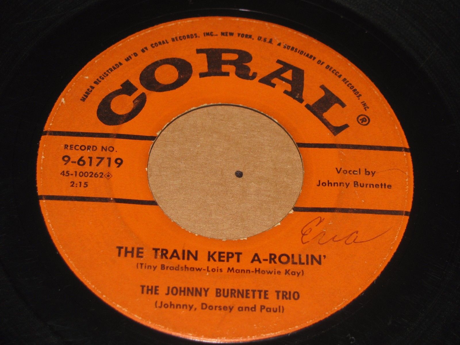 popsike.com - ROCKABILLY 45 - JOHNNY BURNETTE TRIO - TRAIN KEPT A ...
