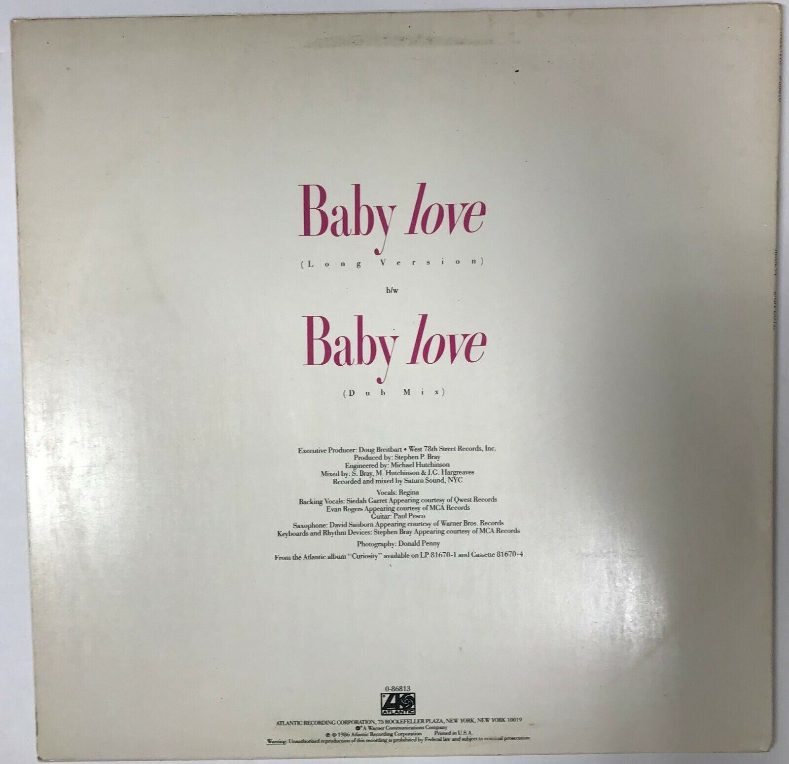 popsike.com - Regina ?Baby Love 12" Remix on Vinyl 1986 US EX - auction ...