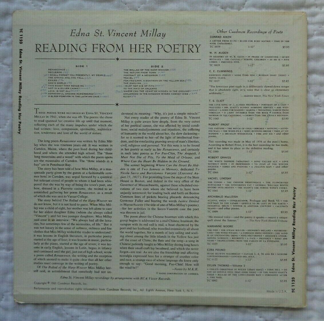 popsike.com - Edna St. Vincent Millay Reading Her Poetry lp, 1961,RARE ...