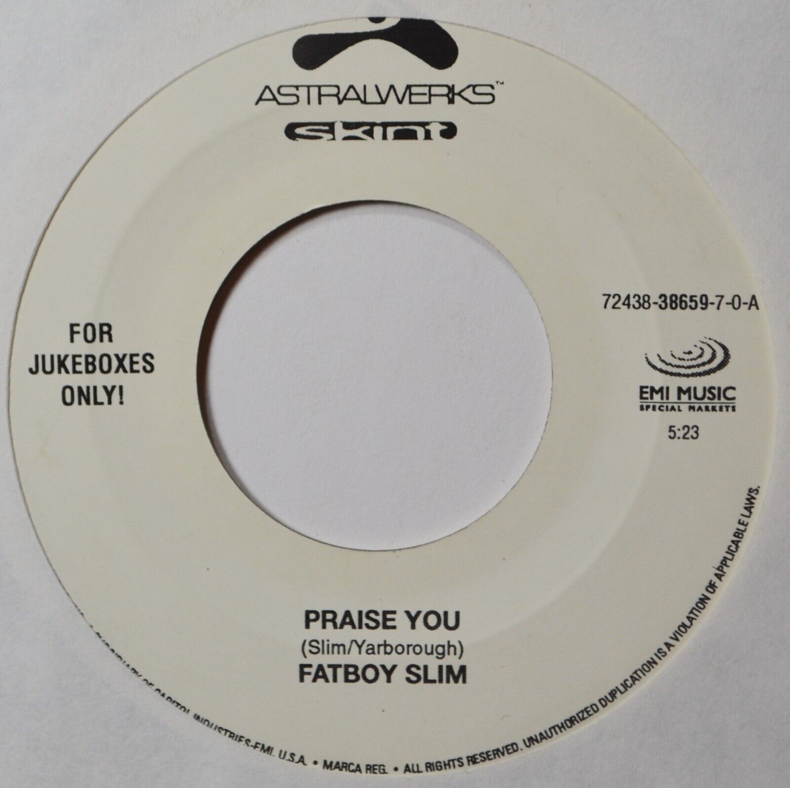 popsike.com - Fatboy Slim Praise You Rare US Issue EX Jukebox Only ...