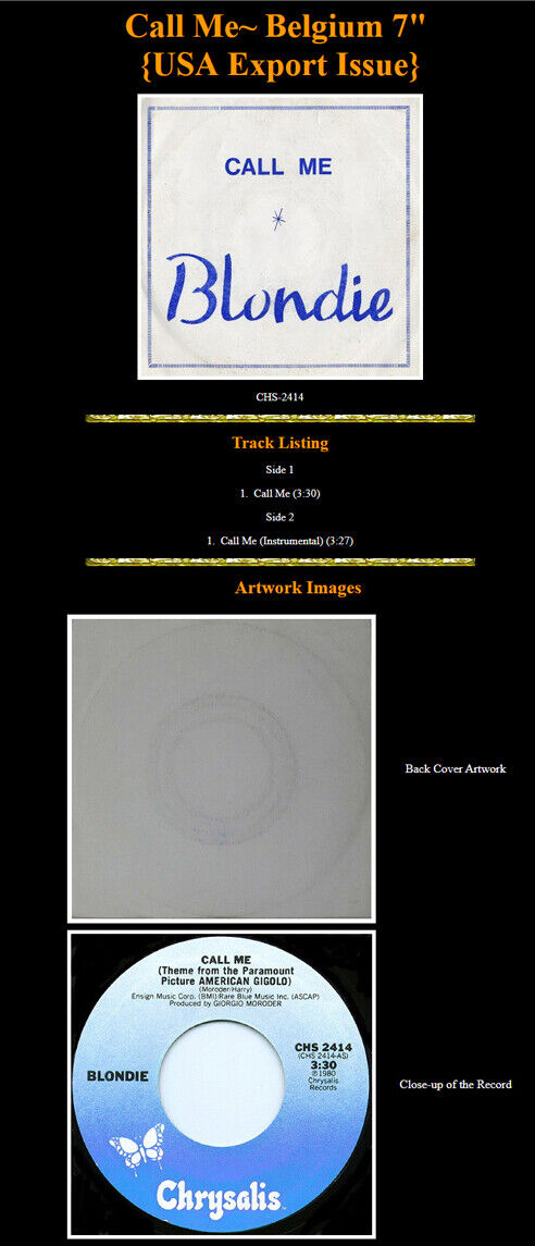popsike.com - Blondie 1980 Call Me BELGIUM 7" 45 RARE Picture Sleeve ...