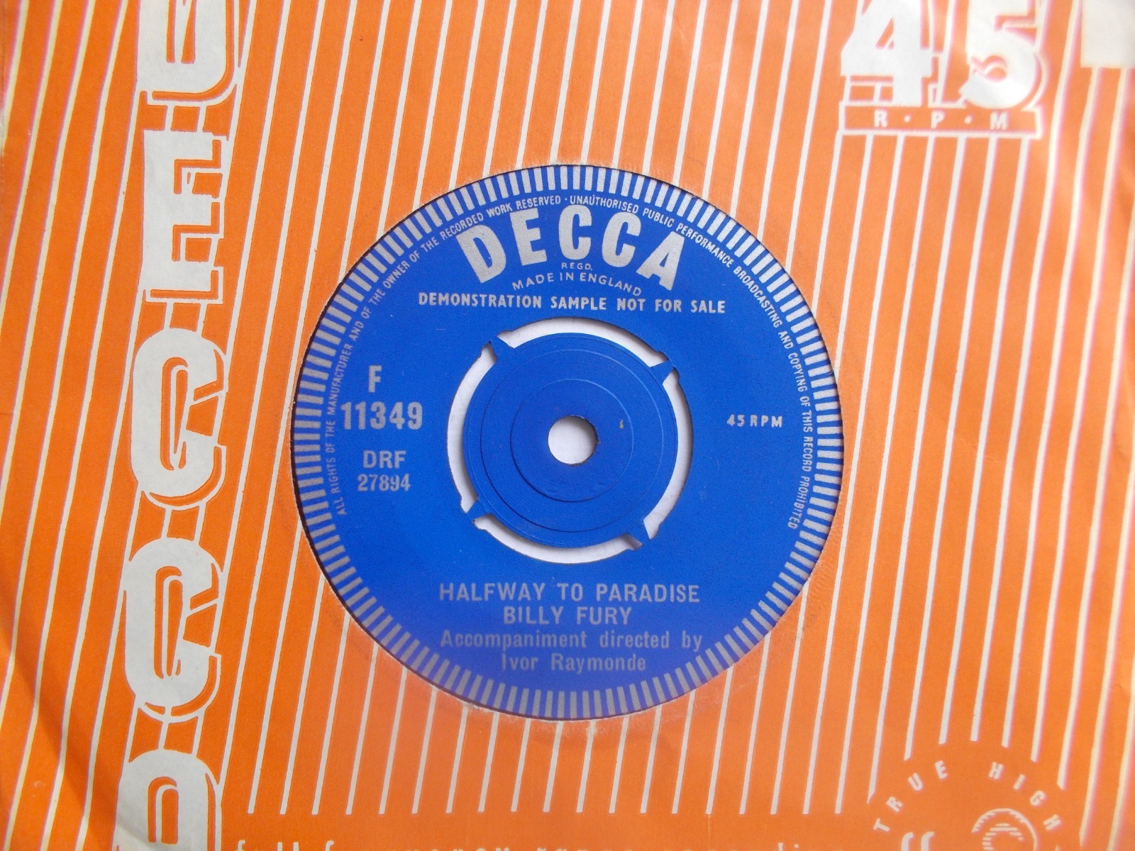 popsike.com - EX UK DEMO DECCA 45 - BILLY FURY - "HALFWAY TO PARADISE" /"CROSS MY HEART ...
